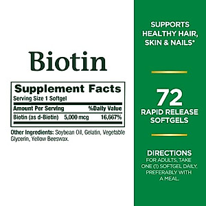 Nature's Bounty Biotin, Vitamin Supplement, Supports Metabolism for Energy and Healthy Hair, Skin, and Nails, 5000 mcg, 72 Softgels