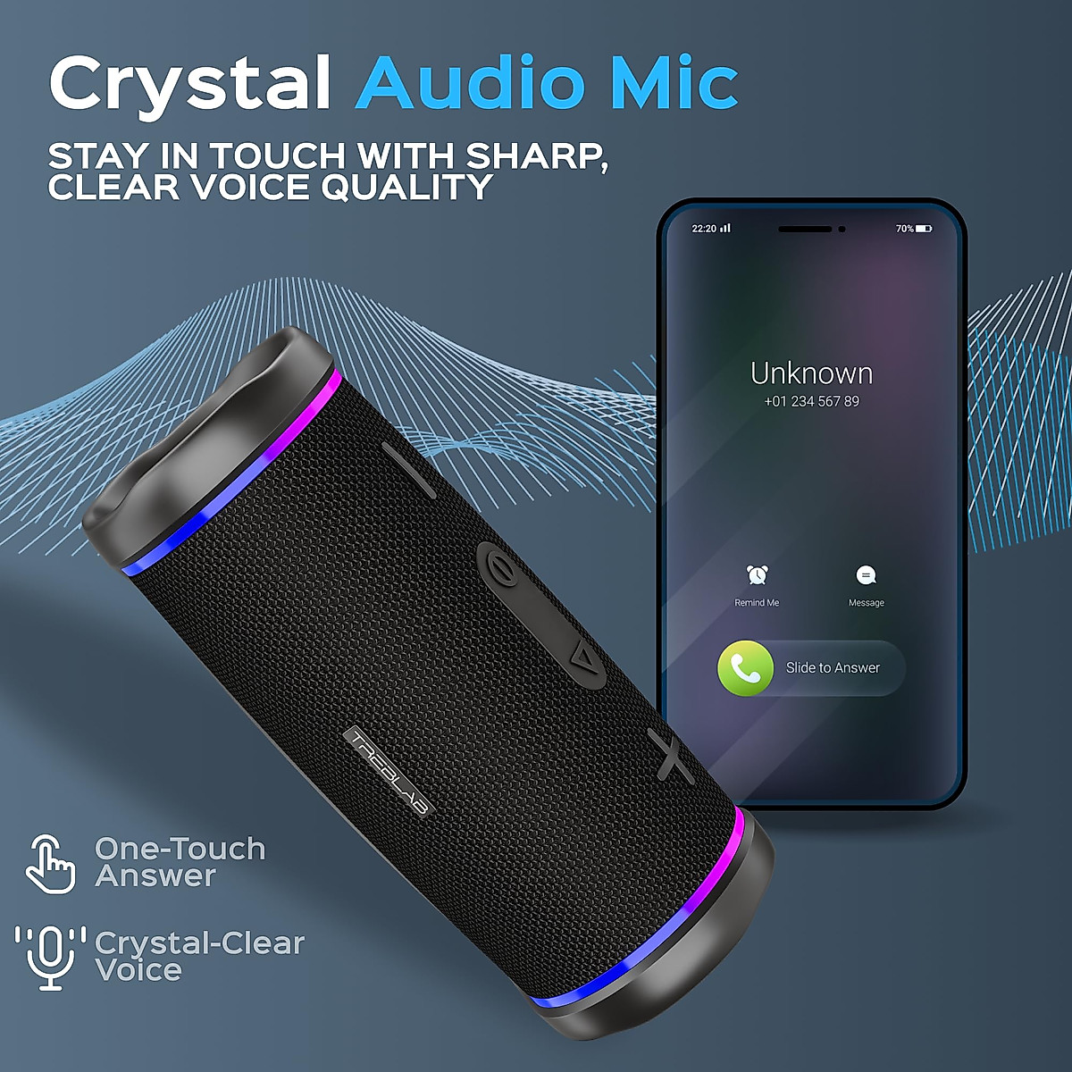 TREBLAB HD77 - Bluetooth Speaker - Loud 360° HD Surround Sound w/Bass, 30W Stereo, IPX6 Waterproof, 20H Battery Portable Speaker w/Bluetooth, Wireless Dual Pairing, Outdoor Blue Tooth Speaker