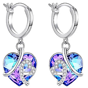 Austrian Purple Crystals Earrings Sterling Silver Heart Dangle Earrings Hoop Knot Earrings for Women Mother Day Jewelry Gift for Wife