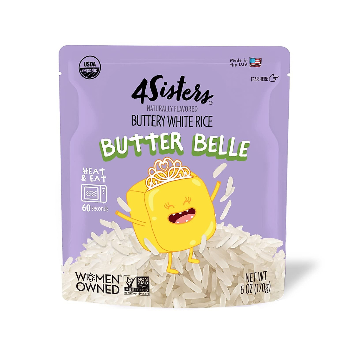 4Sisters - USDA Organic Ready to Eat Rice - Butter Belle - Kid Friendly Pouch - Sustainably Grown - Women Owned - 6 oz.