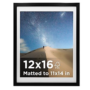 KINLINK 12x16 Picture Frame Black Set of 1, Wooden Photo Frame Matted 11x14 with Plexiglass for 11x14 with Mat or 12x16 without Mat for Table and Wall Display