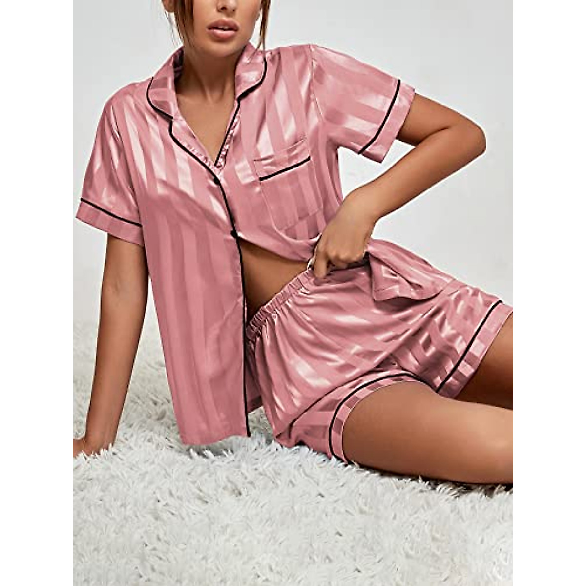 Umenlele Women's Silky Satin Striped Pajamas Short Sleeve Top with Shorts Sleepwear PJ Set Pink Small