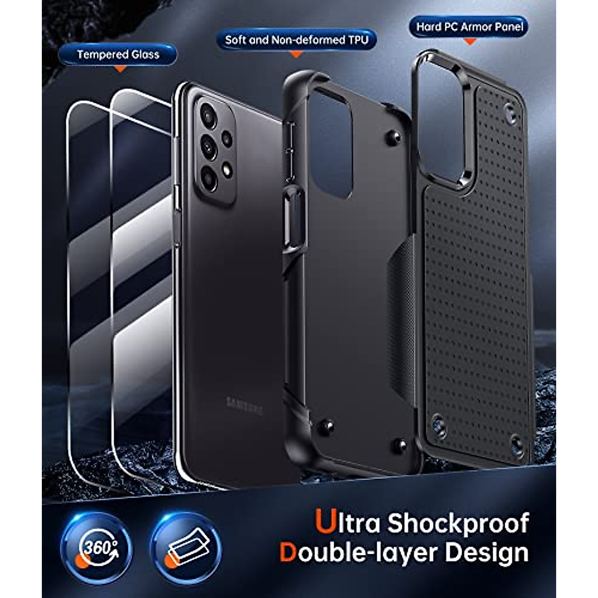 LeYi for Samsung Galaxy A13-5G Case: Samsung [A32] [A23] [A04S] Case with 2 Pack Tempered Glass Screen Protectors, Heavy Duty Shockproof Hard PC Textured Back Phone Case for Women Men, Black