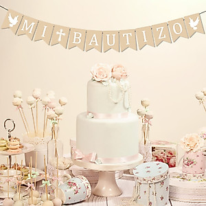 Elomy Mi Bautizo Banner Decorations - God Bless Banner First Holy Communion Banner Decor Baptism Banner Decorations for Kids Girls Boys Glitter Baby Shower Party Decorations