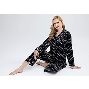 Women's Classic Satin Pajama Set Sleepwear Loungewear (Black and White Polka Dot, Large)