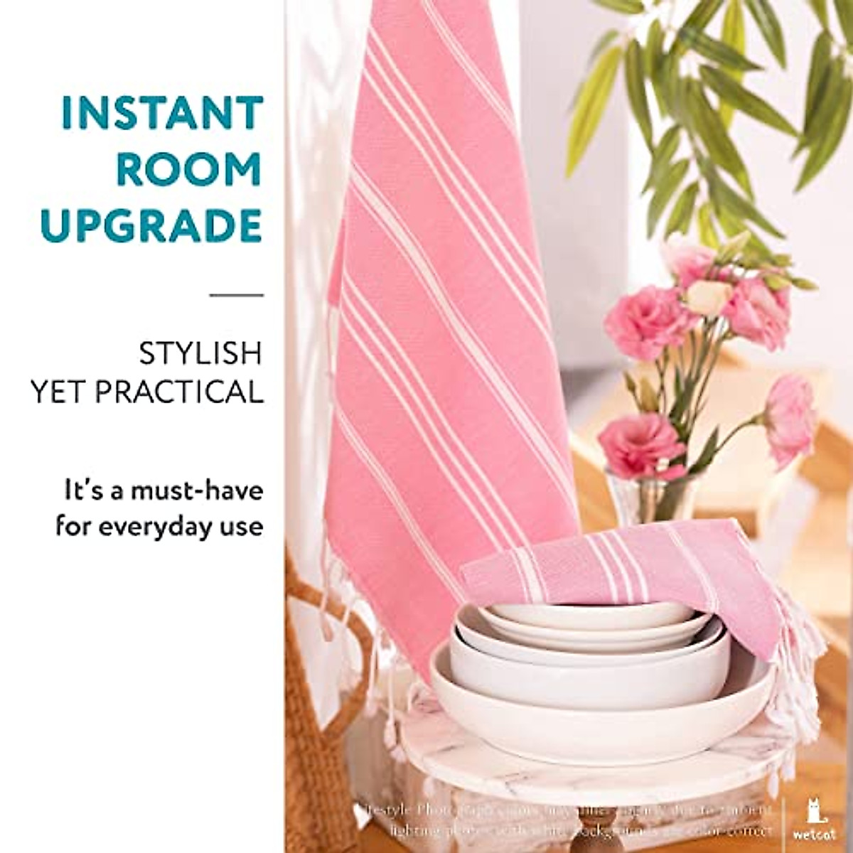 WETCAT Bundle: Turkish Bath Towel (38 x 71) and Turkish Hand Towels (20 x 30, Set of 2) - 100% Cotton, Prewashed for Soft Feel - Light Pink Towels & Light Pink Kitchen Accessories and Decor