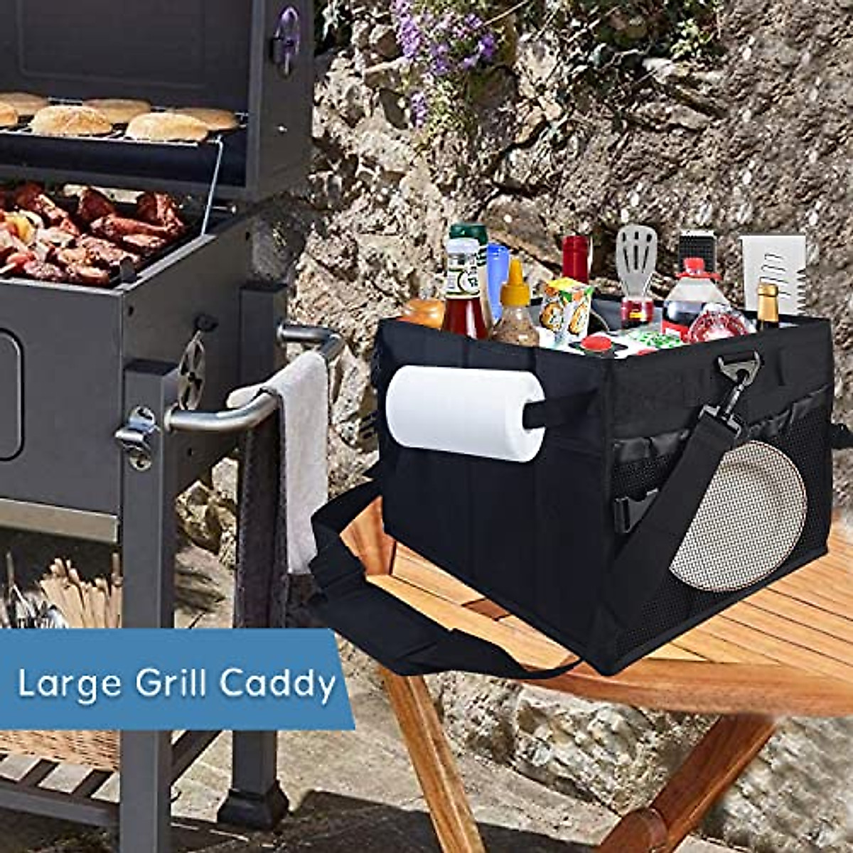Boczif Large Grill and Picnic Caddy with Paper Towel Holder, BBQ Organizer for Grilling Tool, Plate, Condiment, Collapsible Picnic Bag for Outdoor Camper, Cook, Barbecue, Travel, Car, RV (Black)