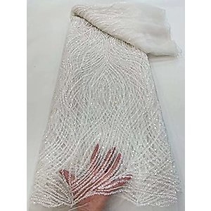 Sequins Stone French Mesh Lace Fabric 5 Yards Per Lot for Making Clothes African Net Lace Bridal Dress Material Beaded laces Fabric (White,5 yards)