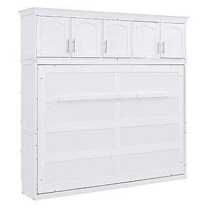 Merax Farmhouse Solid Wood Murphy Bed Chest with Top Cabinets, Storage Wall Platform Bed with Wood Slat Support/Space Saving Queen,White