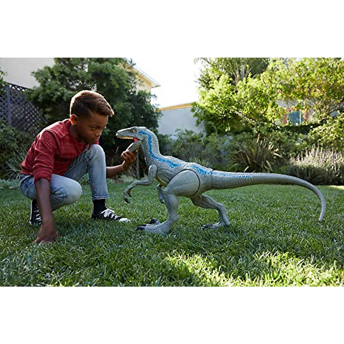 Mattel Jurassic World Super Colossal Velociraptor Blue Dinosaur Action Figure Toy, 3.5-ft Long with Eating Feature (Amazon Exclusive)