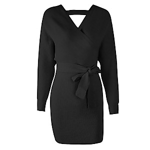 Mansy Women's Sexy Cocktail Batwing Long Sleeve Backless Mock Wrap Knit Sweater Mini Dress (L, Black)