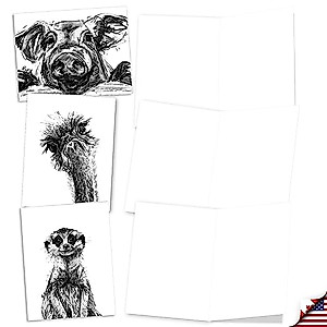 The Best Card Company - 10 Assorted Blank All Occasions Notecards Boxed Set 4 x 5.12 Inch with Envelopes (10 Designs, 1 Each) Boxed Assorted Kid Cards of Pets - CHARCOAL ANIMALS M2956OCB
