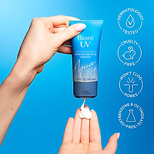 Biore UV Aqua Rich Daily Hydrating Facial Moisturizer with SPF 50 | Oil Free Sunscreen & Primer for Makeup with Hyaluronic Acid, No White Cast, Non-Comedogenic, For Sensitive Skin, PA++++, 1.7 Oz