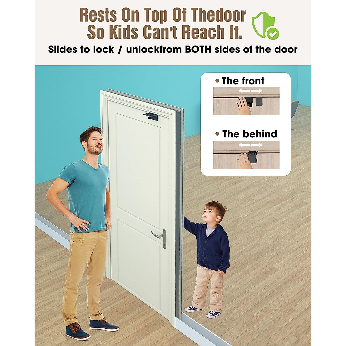 Door Locks for Kids Safety,Child Proof Interior/Exterior Door Lock of Top,Made of Durable Metal for Toddler,Perable from Both Sides,Prevent Pet or Baby from Entering Bedroom & Basement(Black,1 Pack)