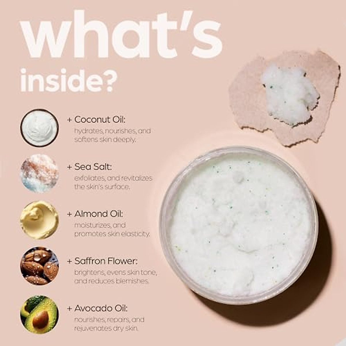 Coconut Milk Body Scrub - Moisturizing Almond Oil, Saffron Stem Cell &amp; Nourishing Body Oils -Exfoliating Salt Scrub For Body - Win Against Aging, Acne, Eczema, Psoriasis &amp; Dead Skin Scars- 10 oz