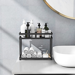 FLE Under Sink Organizer, 2 Tier Metal Under Bathroom Sink Storage Baskets with Hooks, Self Adhesive Black Under Sink Shelf Organizer for Bathroom Kitchen