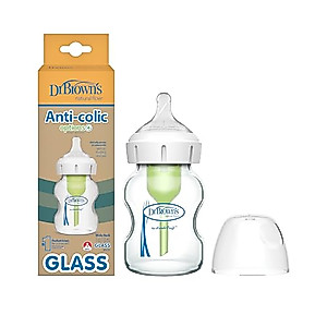 Dr. Brown's Natural Flow Anti-Colic Options+ Wide-Neck Glass Baby Bottle 5 oz/150 mL, with Level 1 Slow Flow Nipple, 1 Pack, 0m+