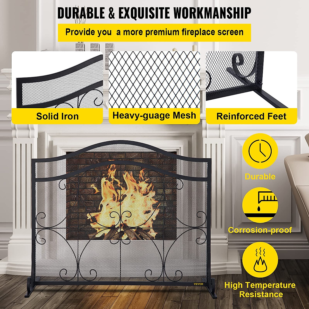 VEVOR Fireplace Screen, 39 x 31 Inch, Double Door Iron Freestanding Spark Guard with Support, Metal Mesh Craft, Broom Tong Shovel Poker Included for Fireplace Decoration & Protection, Black