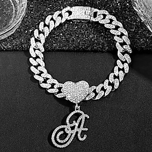 KKJTDS 13mm Silver Cuban Link Anklets for Women Cursive Pendant Miami Cuban Link Chain Ankle Bracelets for Women Hip Hop Iced Out Letter Chain Anklet (A)