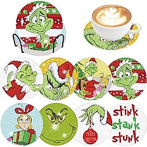 8 Pcs Christmas Diamond Painting Coasters Kits with Holder DIY Christmas Diamond Art Coaster Non Slip Coaster for Adults Xmas Holiday Diamond Painting Kits Supplies