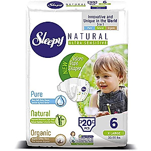 SOHO|Sleepy Natural Baby Diapers, Made from Organic Cotton and Bamboo Extract, Ultimate Comfort and Dryness, Disposable Diapers (Size 6 | 20 Count | Child Weight 33-55 lbs)