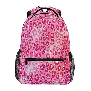 Pink Red Sparkling Leopard Kids Backpack Backpacks for Girls Silver Back Pack Casual Daypack 16 inch Laptop Bag Double Zipper Travel Sports Bags with Adjustable Shoulder Strap