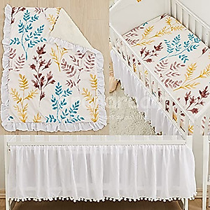 Brandream Farmhouse Crib Bedding Set Neutral Leaves Watercolor Botanical Floral Nursery Bedding Chic Baby Blanket 3 Piece with Pom-pom Bed Skirt, White Yellow Green