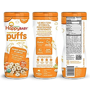 Happy Baby Organic Baby Food Superfood Puffs Sweet Potato & Carrot, 2.1 Ounce Organic Baby or Toddler Snacks, Crunchy Fruit & Veggie Snack, Choline to Support Brain & Eye Health