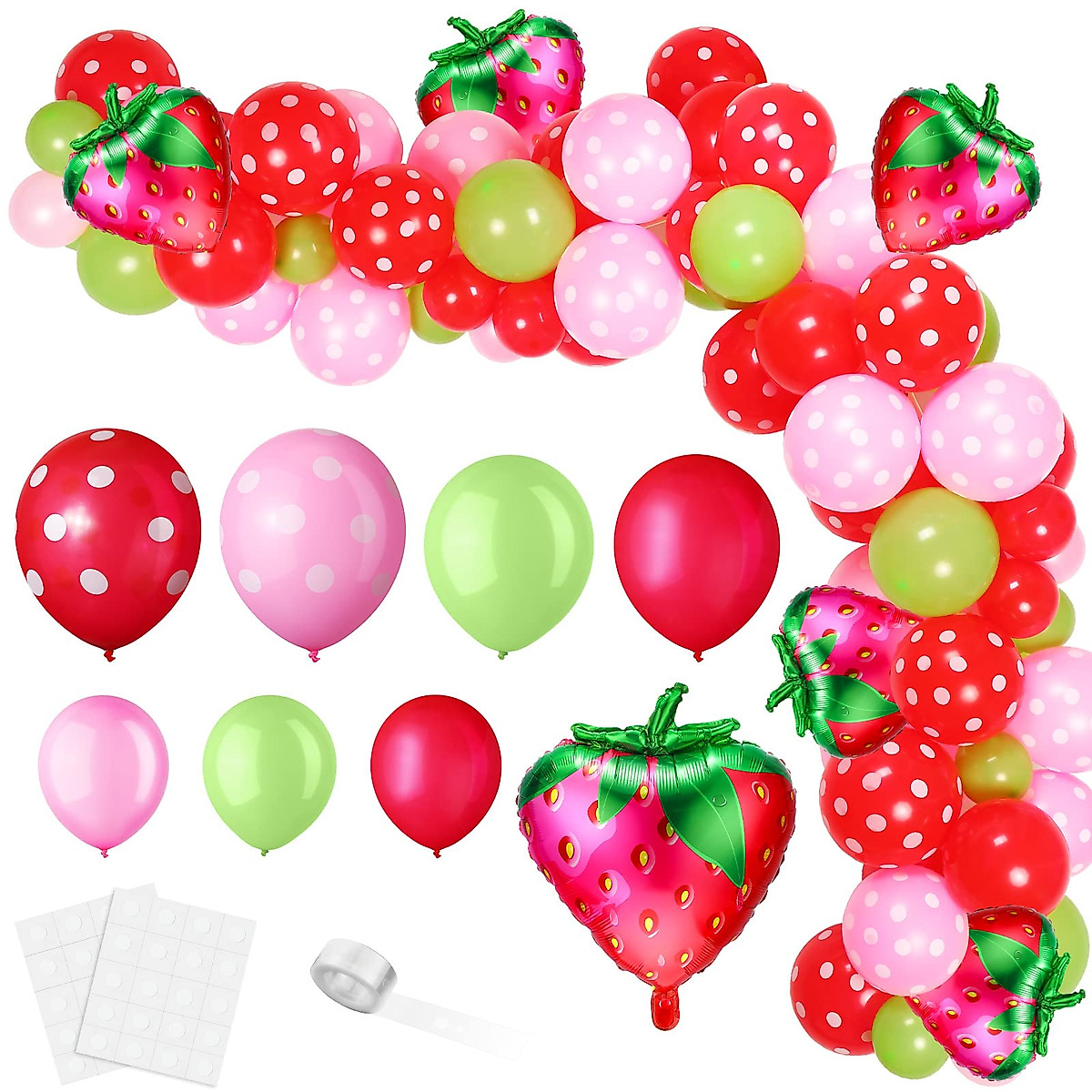 109 Pieces Strawberry Party Balloons Arch Garland 12 10 5 Inch Red Pink Green Latex Balloons Jumbo Strawberry Foil Balloons for Baby Shower Berry First Birthday Strawberry Party Decorations