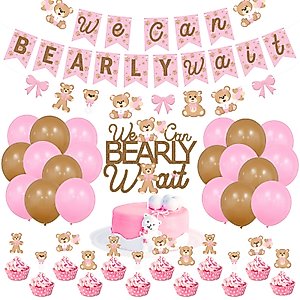 Pink Teddy Bear Baby Shower Theme Party Supplies, We Can Bearly Wait Banner Cake Topper Ballons for Girls Baby Bday, Weclome Baby, Bear Theme Baby Shower, Gender Reveal Party Decorations