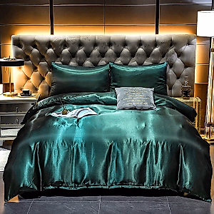 Erosebridal Hotel Green Duvet Cover Set Queen Silk Like Satin Bedding Set Summer Reversible Comforter Cover Honeymoon Sexy Luxury Soft Lightweight Brushed Bedspread Cover for Farmhouse Bedroom Decor