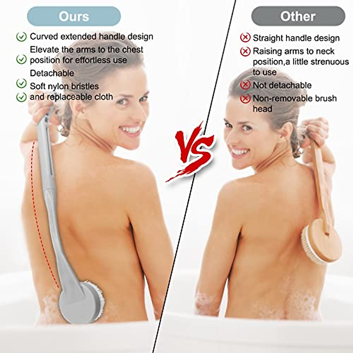 Back Brush Long Handle for Shower, 20.5” Back Bath Brush for Shower, Back Scrubber, Exfoliation and Improved Skin Health for Elderly with Limited Arm Movement, Disabled, Pregnant Women