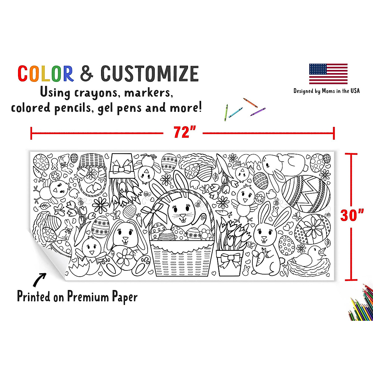 Tiny Expressions Easter Coloring Tablecloth for Kids - Rolled, No Creases 30" x 72" Giant Coloring Poster to Color On - Kids Easter Activities