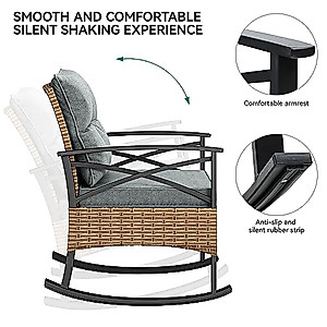 YITAHOME 3-Piece Outdoor Rocking Chair Bistro Set, Patio Wicker Rocking Chair Conversation Set with Glass Coffee Table & Soft Cushions for Balcony, Lawn and Porch Poolside (Light Brown+Gray)