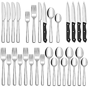 Hiware 24-Piece Silverware Set with Steak Knives, Stainless Steel Flatware Cutlery, Mirror Polished Utensils Set for 4, Includes Forks Spoons Knives Silverware, Dishwasher Safe