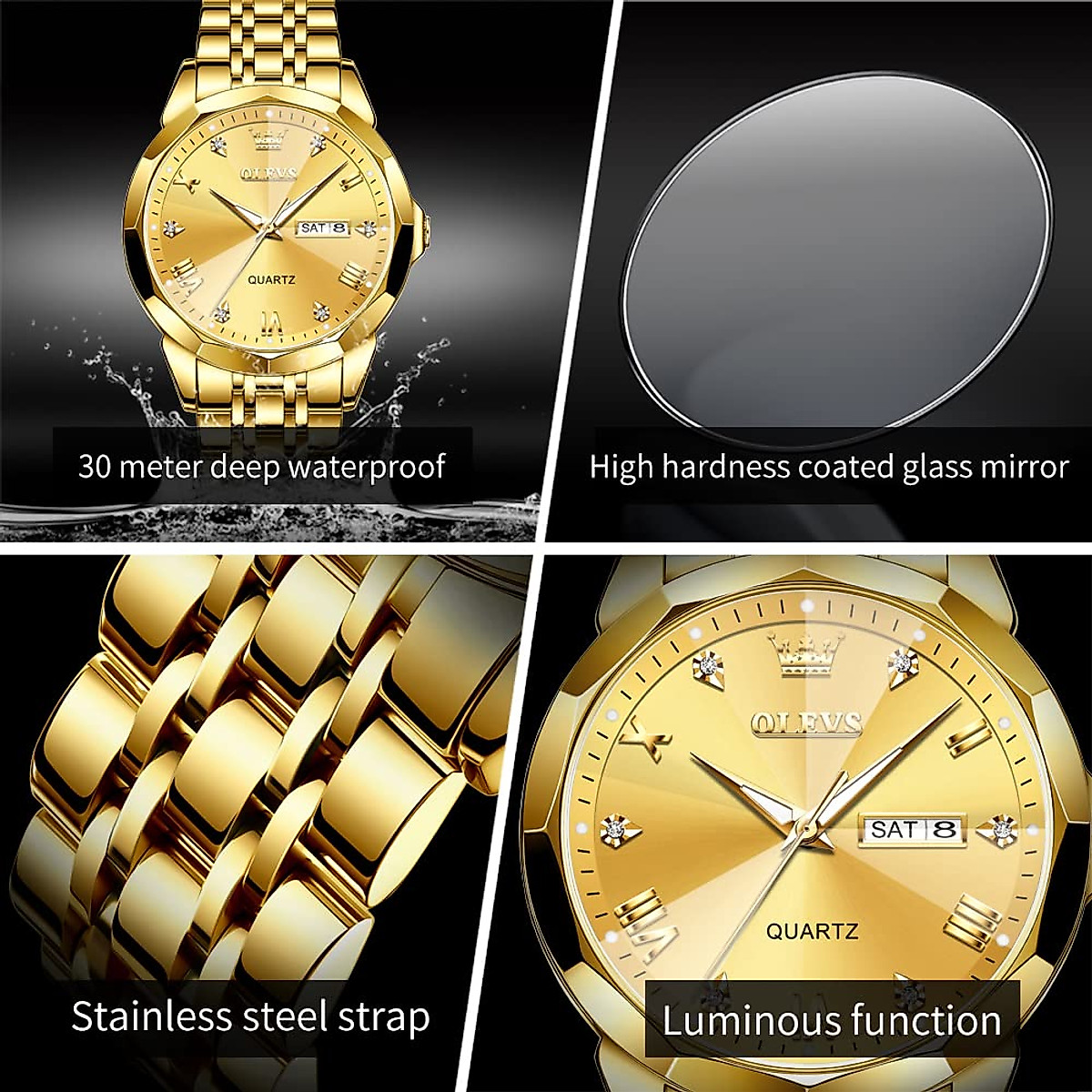 OLEVS Men Watches Business Dress Diamond Analog Quartz Date Luxury Wrist Watch Gold Casual Stainless Steel Waterproof Luminous Two Tone Watch for Men