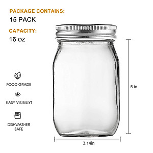 Accguan 16oz / 500ml Mason Jars with Airtight Lids, Glass Jar With Regular Lids, Clear Glass Jar Ideal for Jam,Honey,Wedding Favors,Shower Favors, Set of 15
