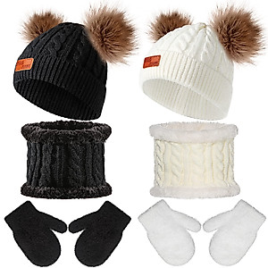 6 Pcs Toddler Winter Hat and Gloves Set with Neck Warmer Kids Pompom Hat Knitted Beanie Mittens for Baby Boys Girls 0-4 Year(Black, White)