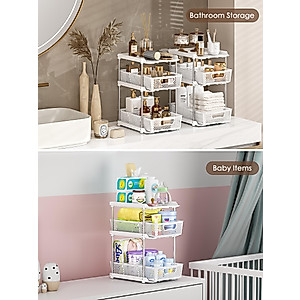 DABIGE 2Pcs 3 Tier Bathroom Organizers and Storage, UPGRADE WIDER BOLDER, Pull Out Under Sink Organizer with Dividers, Kitchen Pantry Organizers and Storage, Bathroom Storage Cabinet - White