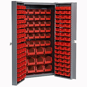 Global Industrial Bin Cabinet with 144 Red Bins, 38x24x72, Assembled