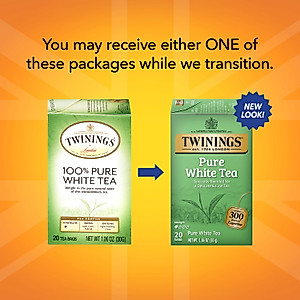 Twinings Pure White Tea Bags - Delicate Caffeinated Tea Made from Fresh White Tea Leaves, Perfect for Hot or Iced Tea, 20 Count (Pack of 2)