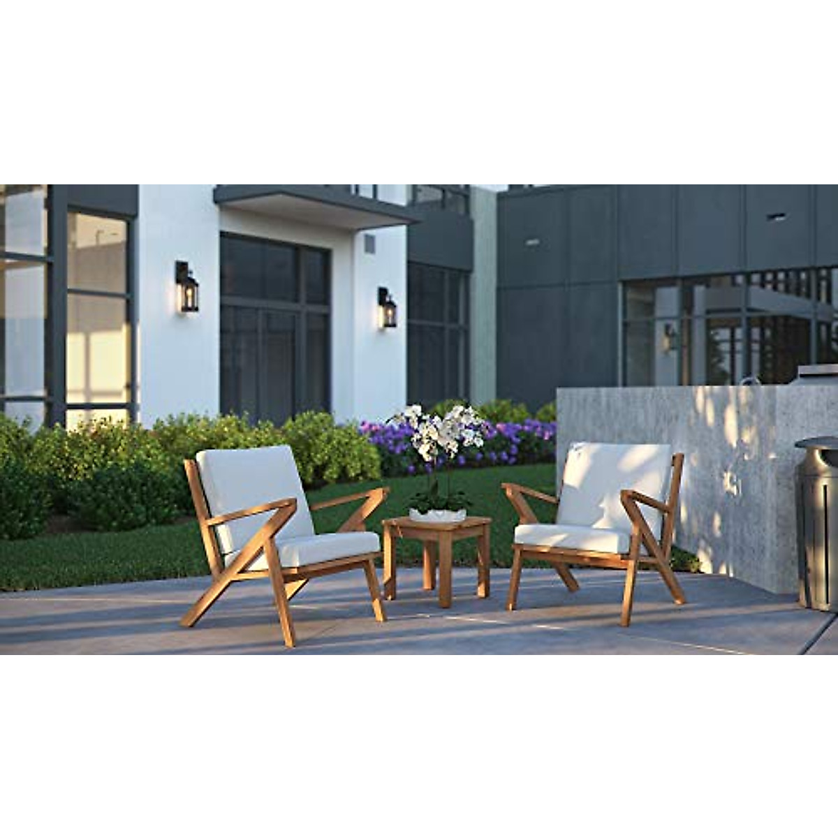 Patio Sense 62969 Oslo Wooden Armchair Cream Colored Cushion Artfully Angled Arms Modern Scandinavian Collection Indoor Outdoor Furniture