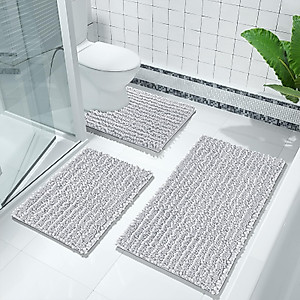 Yimobra Bath Rug Mat, 32 x 20, Soft Shaggy Non-Slip Chenille Bathroom Rugs, Large Size, Super Absorbent and Thick, Machine Washable Bathroom mat, Tub and Shower, Home Decor Accessories, Silver