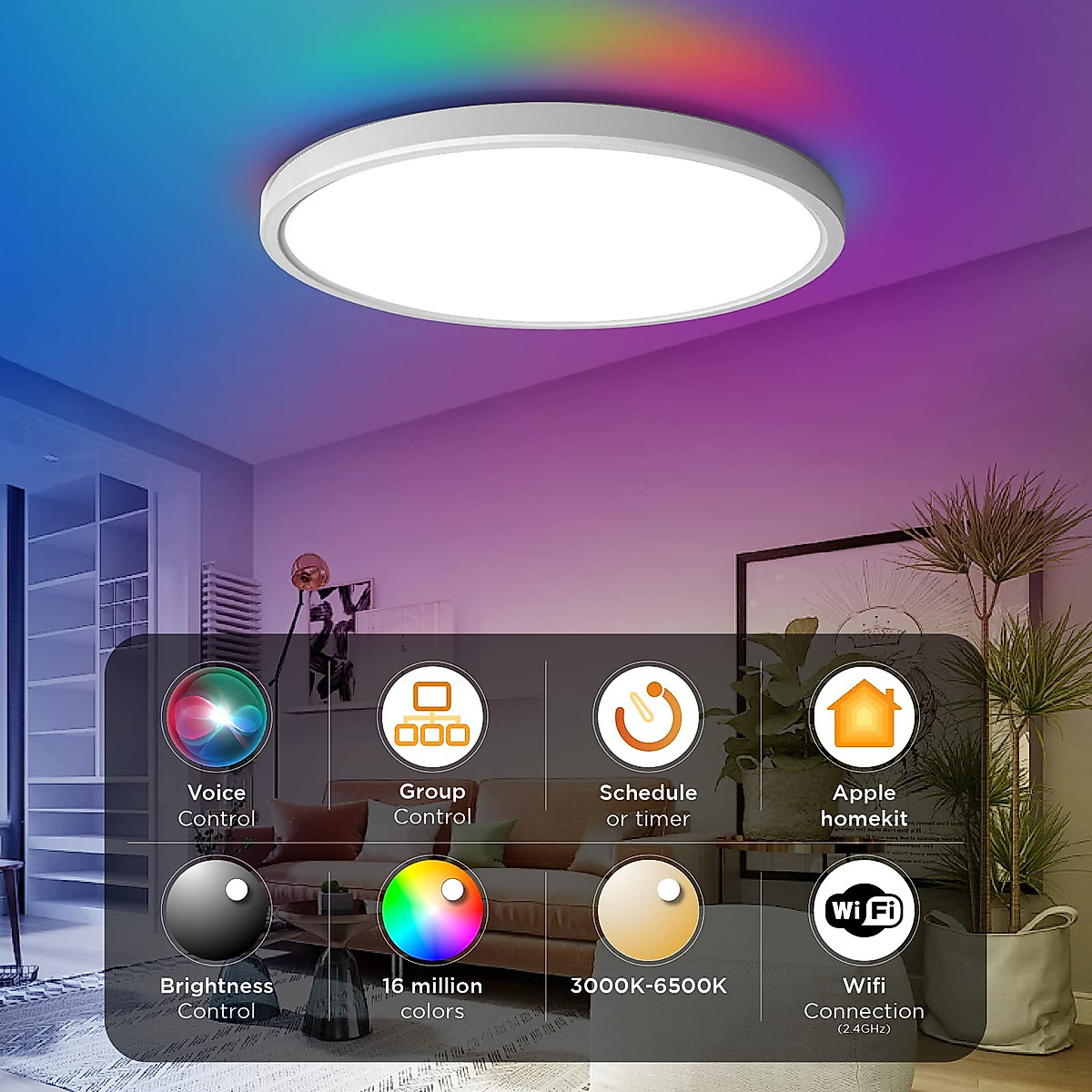 TALOYA Compatible with Apple Homekit/Siri LED Flush Mount Ceiling Light Fixture, 15.8inch 28W Smart Ceiling Light Fixture with RGB Backlight, 3000-6500K Light Changeable, for Living Room, Bedroom
