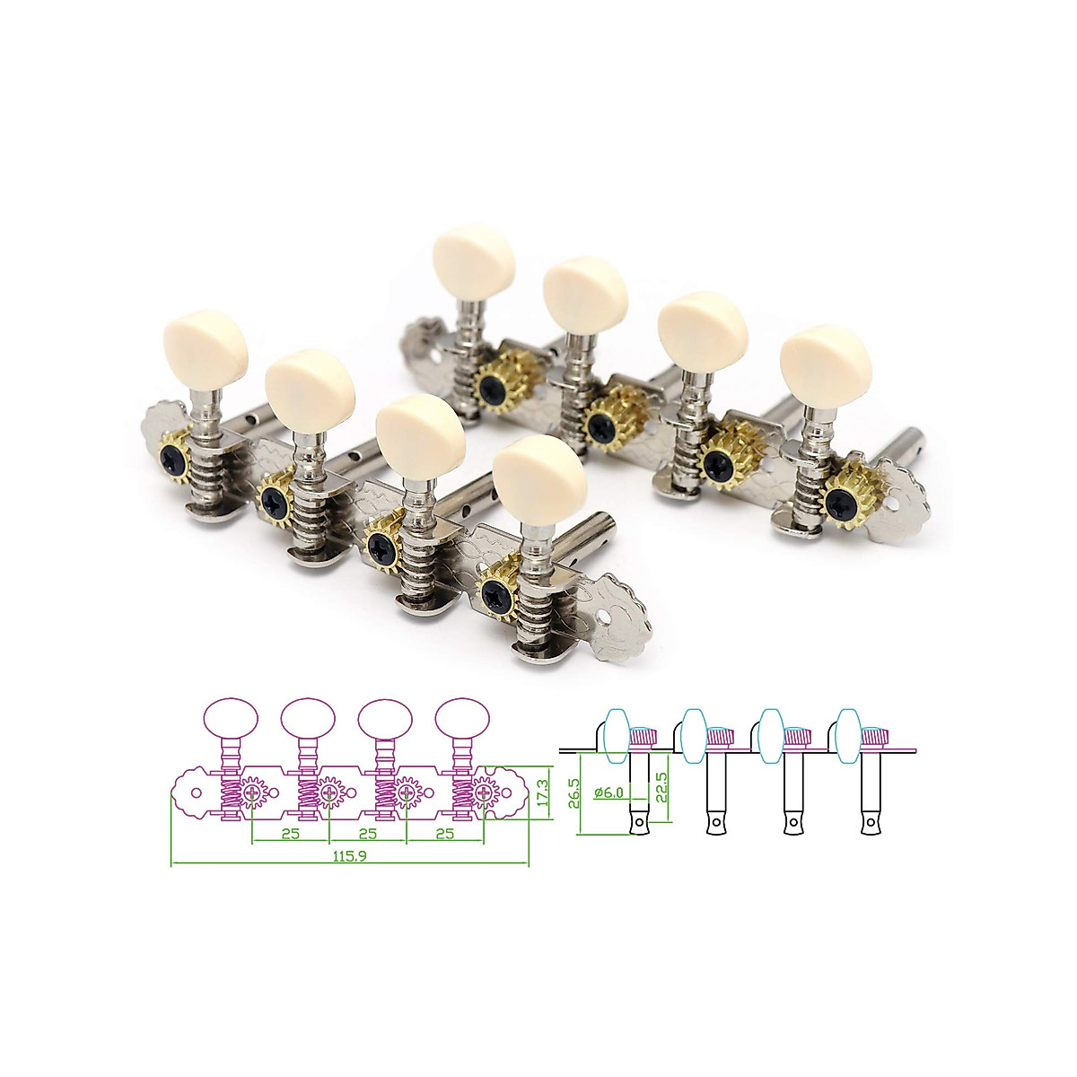 Metallor Guitar Machine Heads Tuning Pegs Tuning Keys for Mandolin Banjo and 8 String Guitars Instruments Double Hole Chrome Plating 4L 4R.