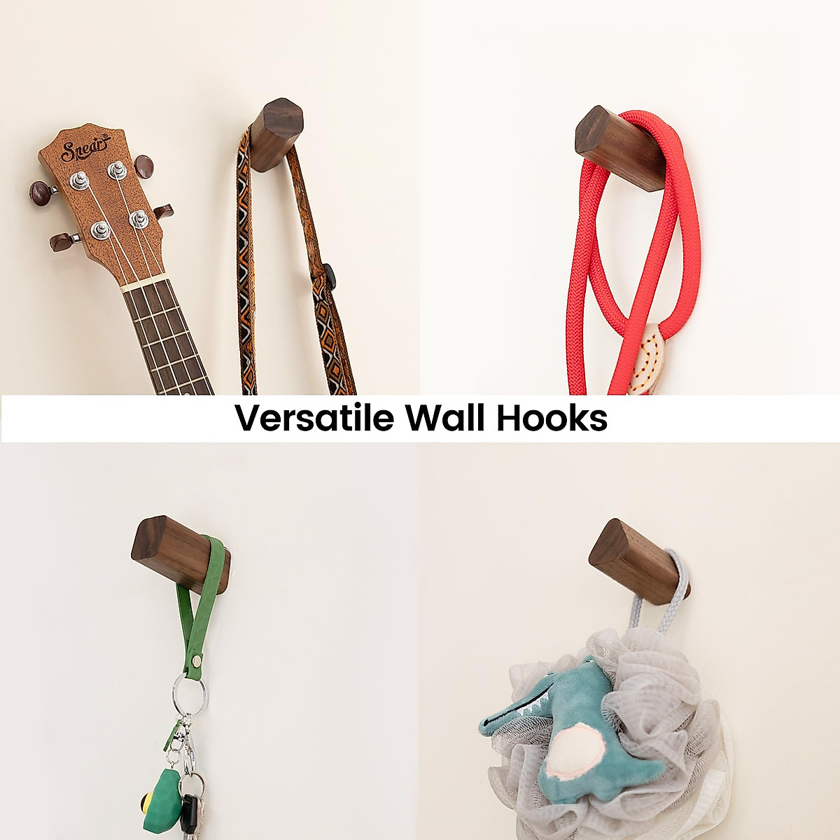 cuwuu's Modern Wood Wall Hooks 4 Pack Coat Hooks Natural Wooden Rack Mounted in Bathroom Entryway for Hanging Clothes Towels Backpacks Hats Keys Wood Wall Decor Hooks(Walnut Wood)