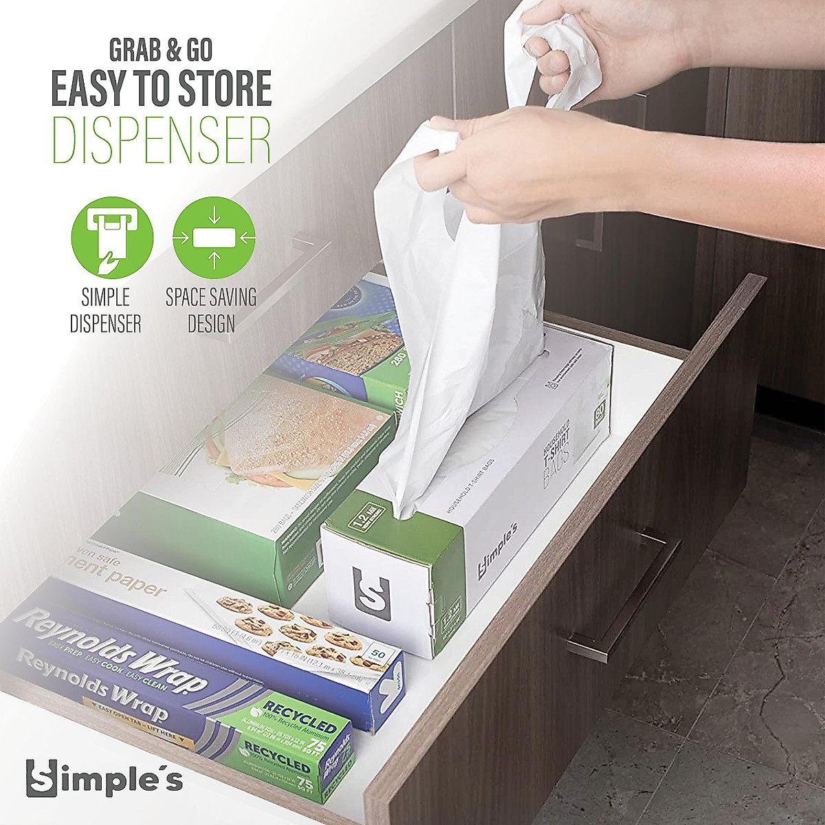 Simple's Plastic Bags with Handles For Small Business,(80 Count) Very Strong Shopping Bags, Grocery bags, plastic t-shirts bag, to go bags, Bag Dispenser Roll - Measures 12"x7"x22", 1.2 Mil Thickness