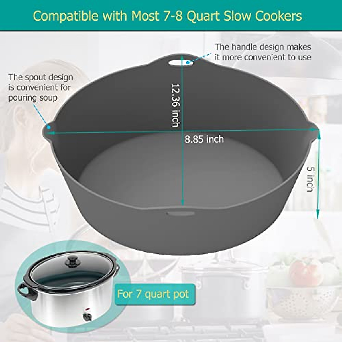 Silicone Slow Cooker Liners for Crock-Pot 7 Quart Crock Pot Liner Reusable 7QT Oval Cooking Liner BPA-Free Leakproof Dishwasher Safe(Gray)