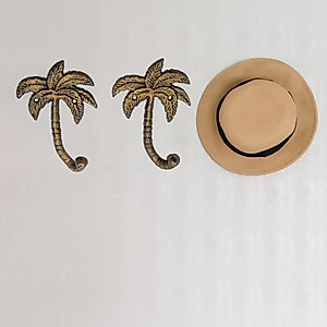 Palm Tree Cast Iron Wall Hooks, Wall Mounted for Hanging Coats, Purses, Towels, Hats, Beach Themed Wall Décor, Set of 2, 6.5 Inches High (Gold Toned)