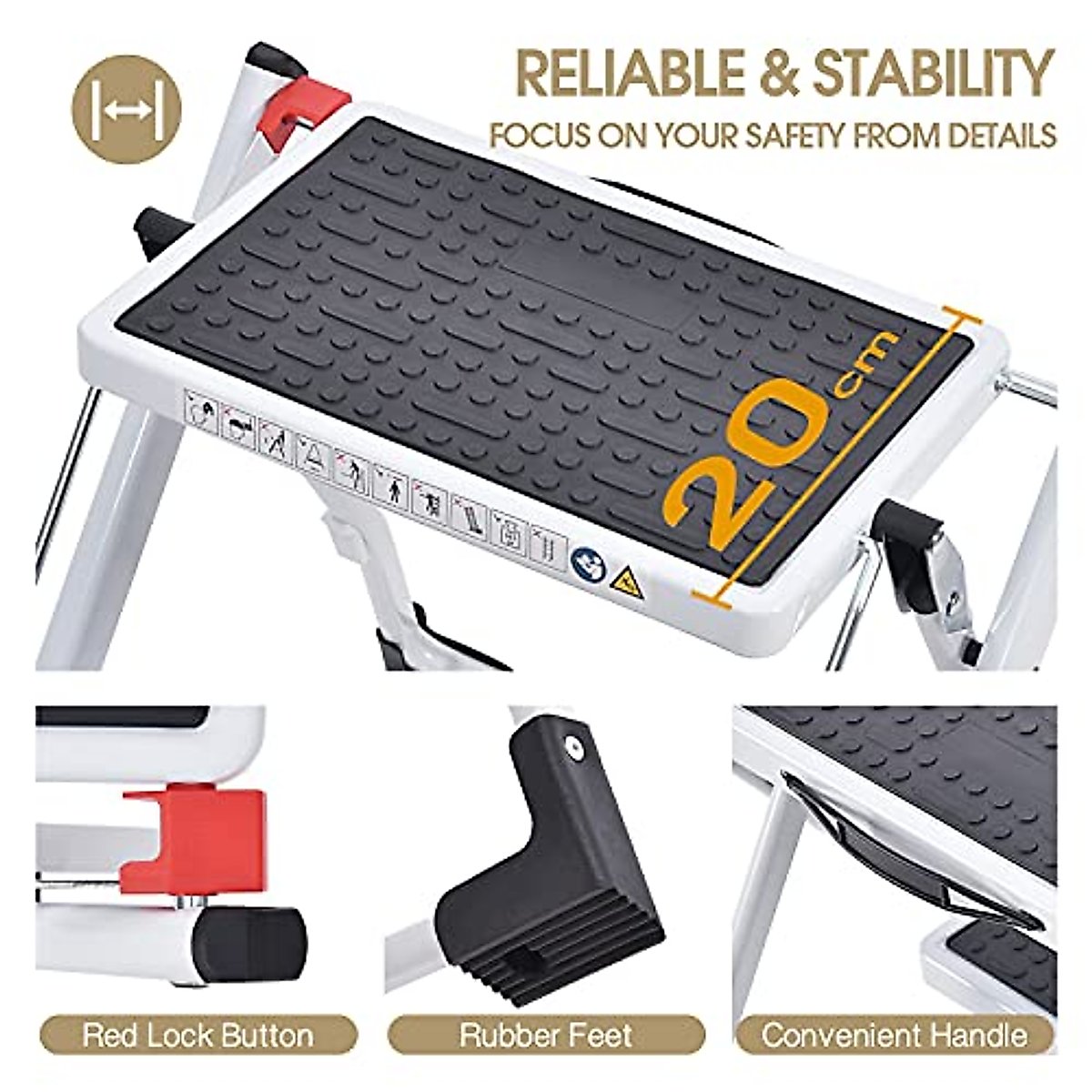 TOOLF Step Ladder, Double Side Folding Step Stool, 2 Step Portable Ladder with handdle, Large Platform,Slim Household Stepladder with Milti-fuction White